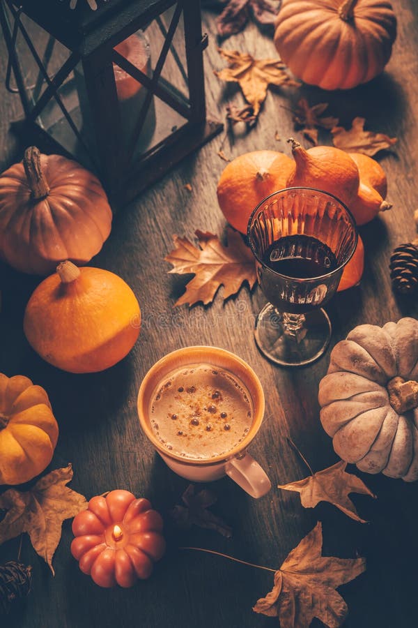 Cozy Autumn Composition. Hot Cocoa with Autumn Leaves and Pumpkins on ...