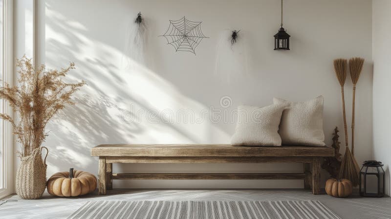 Cozy Autumn Corner with Pumpkins, Spider Decorations, and Warm Sunlight ...
