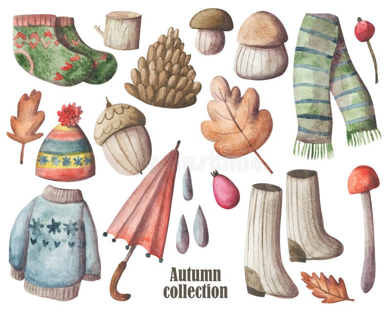Cozy Autumn Elements Hand Painted Set. Cold Weather Clipart Collection ...