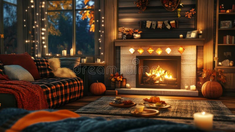 Cozy Autumn Evening by the Fireplace with a Warm Glow Stock ...