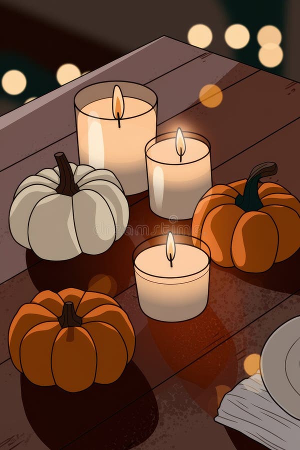 Cozy Autumn Evening with Pumpkins and Candlelight on Wooden Table Stock ...