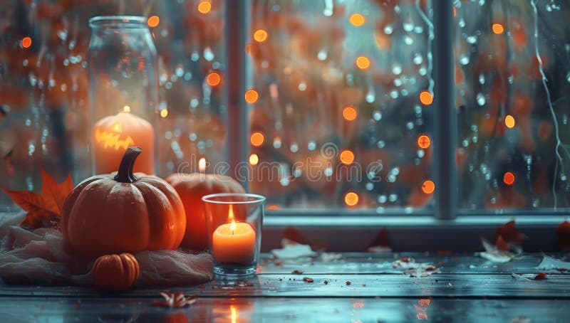 Cozy Autumn Evening with Pumpkins, Candles, and RaindropCovered Window ...