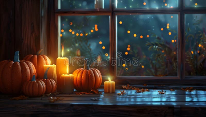Cozy Autumn Evening with Pumpkins and Candles by a Window Stock ...