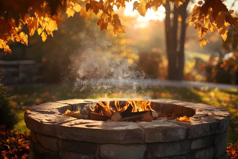Cozy Autumn Evening with a Stone Fire Pit Surrounded by Colorful Leaves ...