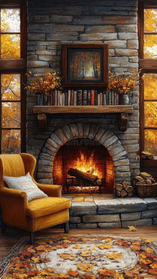 Cozy Autumn Fireplace Illustration Stock Illustration - Illustration of ...