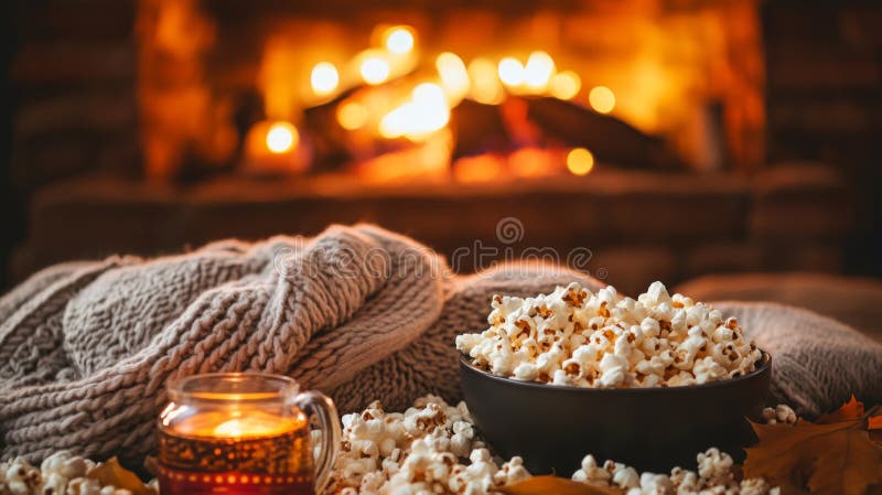 Cozy Autumn Fireplace Scene with Popcorn, Candle, and Blanket Stock ...