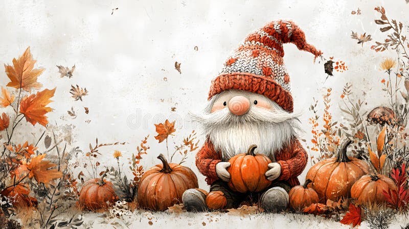 Cozy Autumn Gnome with Pumpkins in Fall Scene. Stock Illustration ...
