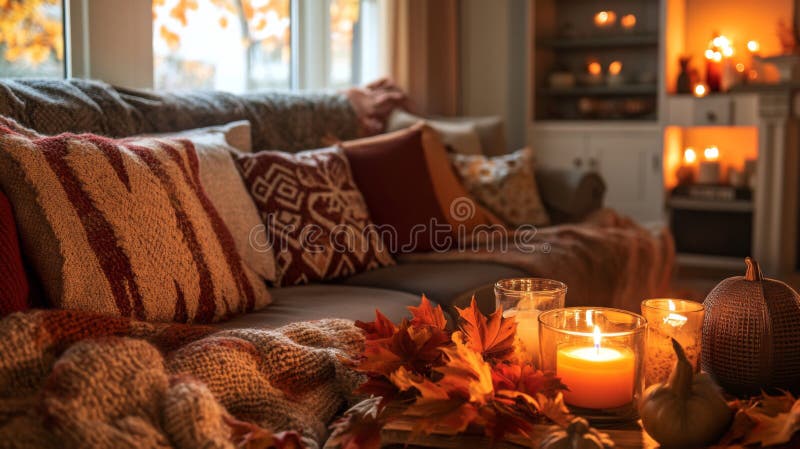 Cozy Autumn Interior with Candles and Fall Leaves on a Couch Stock ...