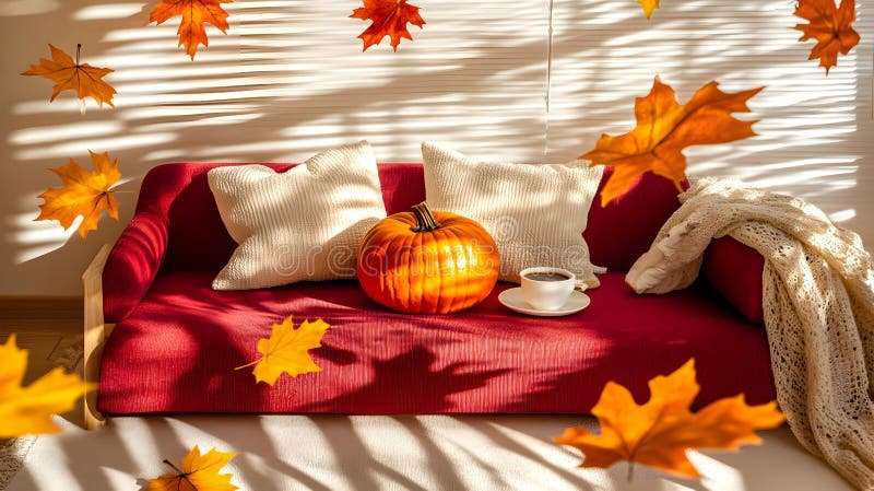 Cozy Autumn Interior with a Red Sofa, Pumpkin, Pillows, and a Cup of ...