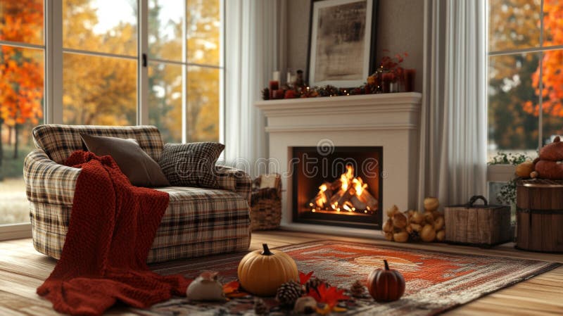 Cozy Autumn Living Room with Fireplace and Window View Stock ...