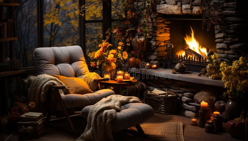 Cozy Autumn Living Room, Illuminated by Candlelight, with Rustic Decor ...