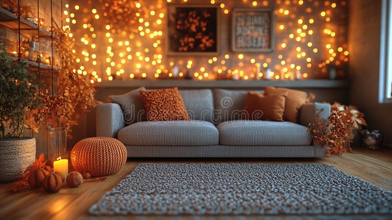 Cozy Autumn Living Room Interior with Sofa, Warm Lights, and Fall ...
