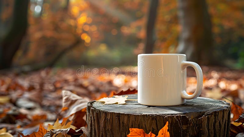 Cozy Autumn Morning - White Coffee Mug Mockup on Tree Stump in Forest ...