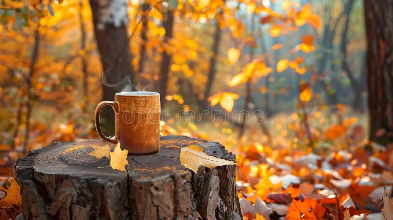 Cozy Autumn Morning - Blank Coffee Mug on Tree Stump in Forest Mockup ...