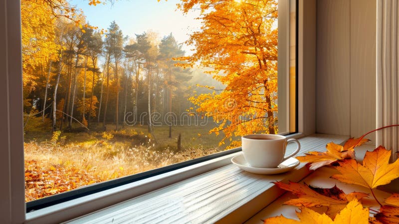 Cozy Autumn Morning View from Window with Coffee Cup Stock Image ...