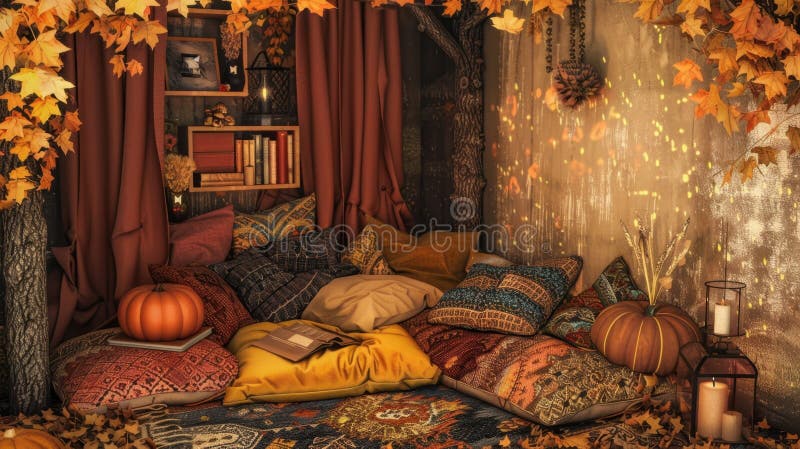 Cozy Autumn Nook with Glowing Lights and Fall Decorations Stock Image ...