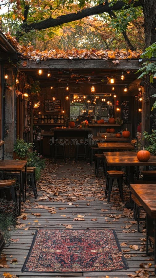 Cozy Autumn Patio with String Lights and Fall Leaves - Photo Stock ...