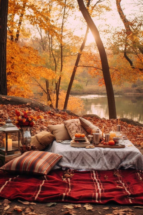 A Cozy Autumn Picnic Setup with a Blanket and Fall Foliage Stock ...