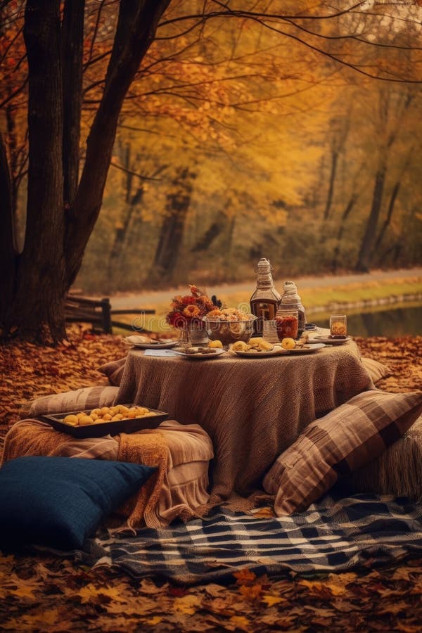 A Cozy Autumn Picnic Setup with a Blanket and Fall Foliage Stock ...