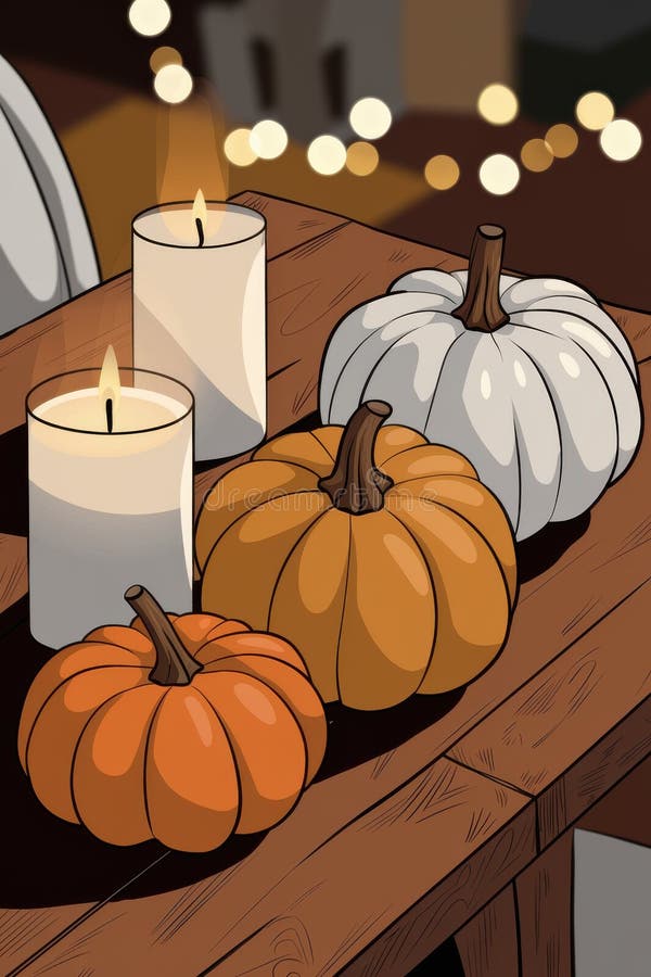 Cozy Autumn Pumpkin and Candle Display with Bokeh Lights Stock Illustration - Illustration of ...