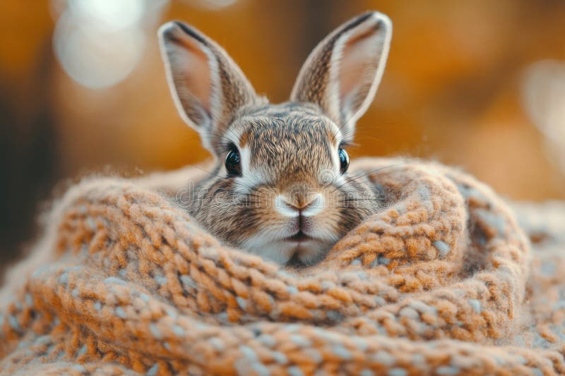 Cozy Autumn Rabbit Wrapped in Knitted Blanket with Heartwarming ...