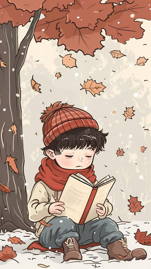 Cozy Autumn Reading: Child Under Falling Leaves in a Whimsical Scene ...