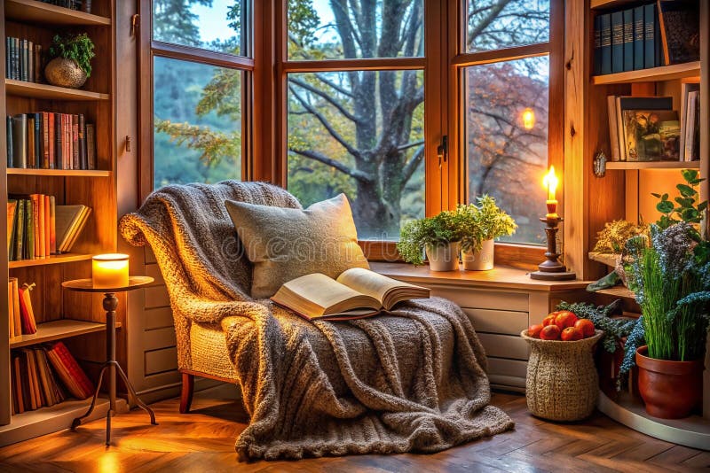 Cozy Autumn Reading Nook in a Bay Window Stock Illustration ...