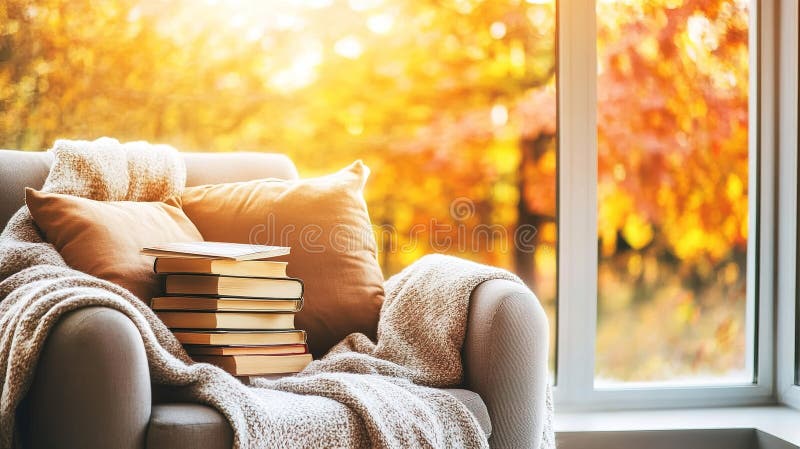 Cozy Autumn Reading Nook with a Stack of Books and Warm Sunlight ...