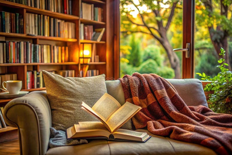 Cozy Autumn Scene Book on Sofa by Window, Library, Blanket Stock ...