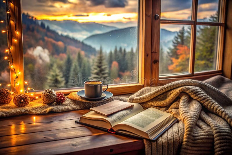 Cozy Autumn Scene Book, Tea, Sunset View Stock Illustration ...