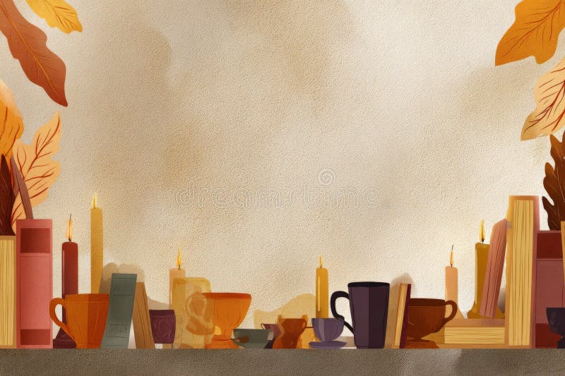 Cozy Autumn Scene with Candles, Books, and Cups on a Rustic Shelf Stock ...