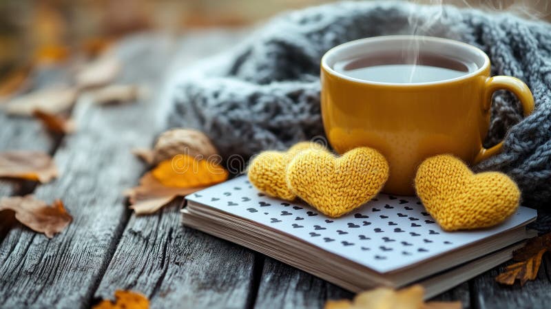 A Cozy Autumn Scene Featuring a Steaming Cup, Knitted Hearts, and a ...