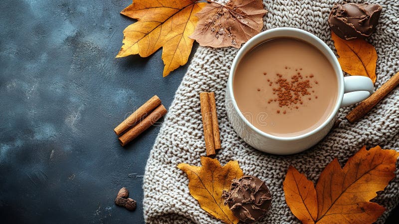 A Cozy Autumn Scene with a Mug of Hot Chocolate and Fall Decorations ...