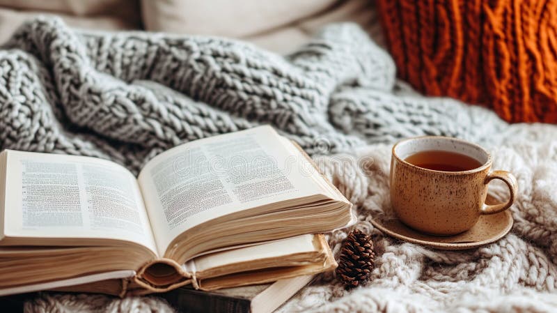 Cozy Autumn Scene Open Book, Tea, Knit Blankets Stock Photo - Image of ...
