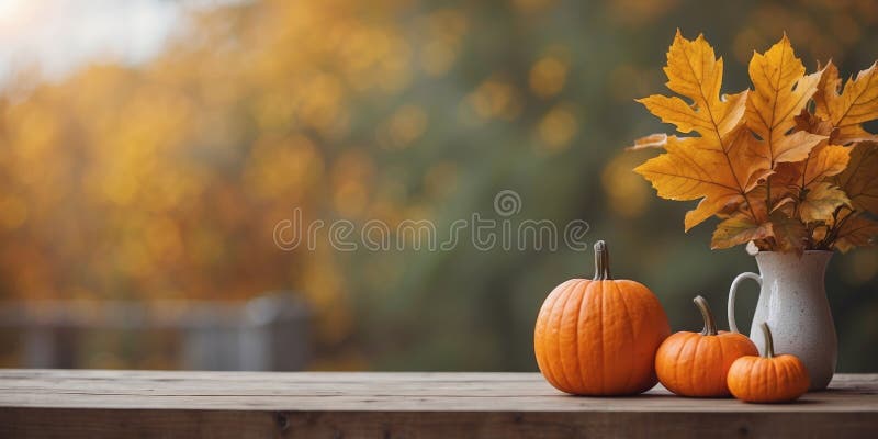 A Cozy Autumn Scene with Pumpkin and Leaves on Table. Stock Image ...