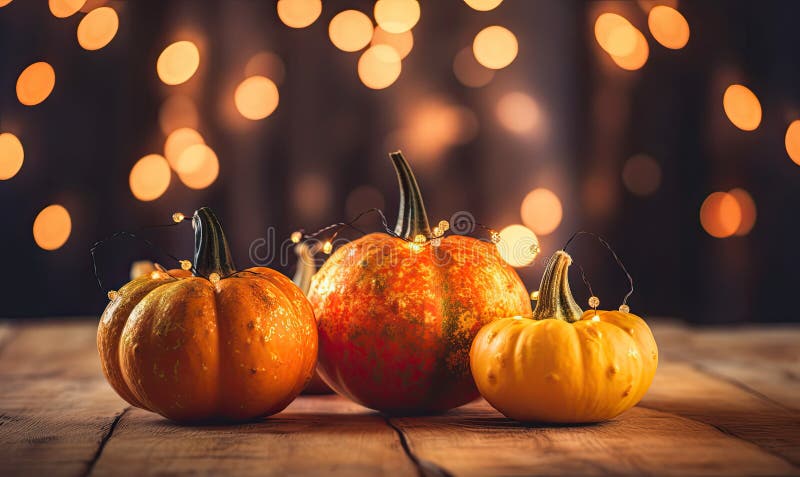 A Cozy Autumn Scene with Pumpkins on a Wooden Table Creating Using ...