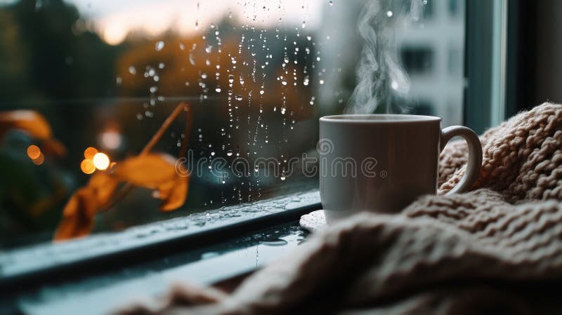 Cozy Autumn Scene with Steaming Coffee Cup by Rainy Window Stock ...