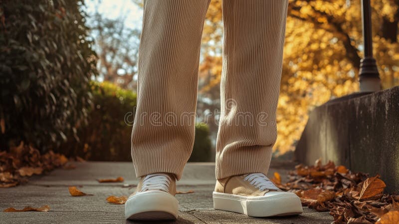 Cozy Autumn Stroll in Corduroy Pants and Sneakers on Leafy Path Stock ...