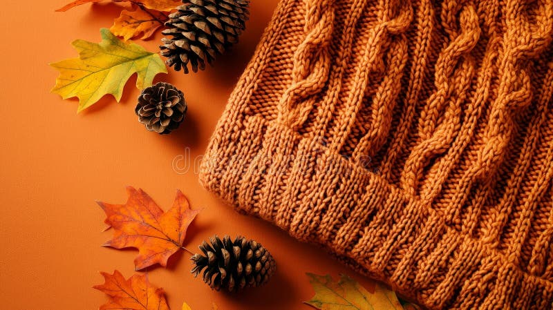 Cozy Autumn Sweater with Fall Leaves and Pine Cones on Orange ...