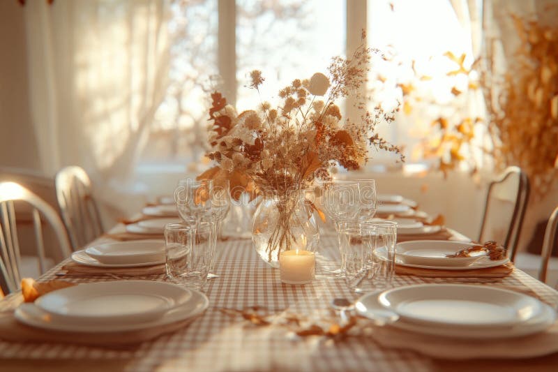 Cozy Autumn Table Setting with Dried Flowers and Candlelight Stock ...
