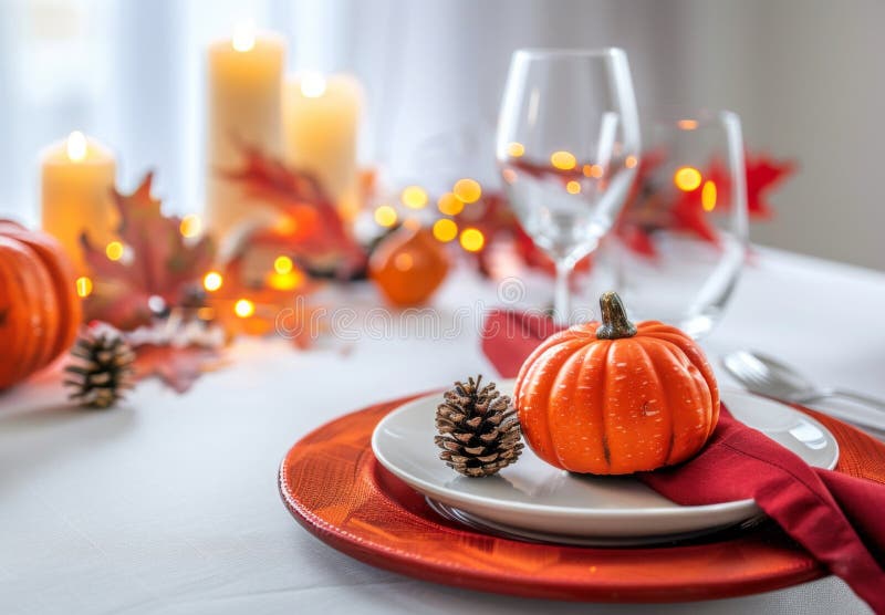 Cozy Autumn Table Setting with Pumpkin Decor Stock Photo - Image of ...
