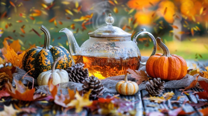 Cozy Autumn Tea Party with Pumpkins and Falling Leaves Stock Image ...