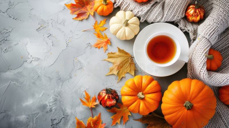 Cozy Autumn Tea Time with Pumpkins and Knitted Sweater Stock Image ...