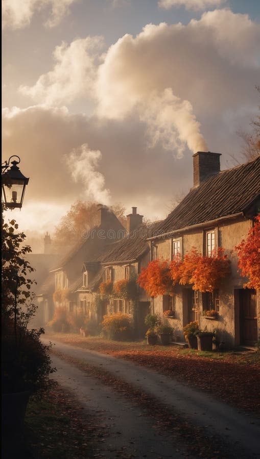 Cozy Autumn Village Scene with Warm Light and Nostalgic Rustic ...