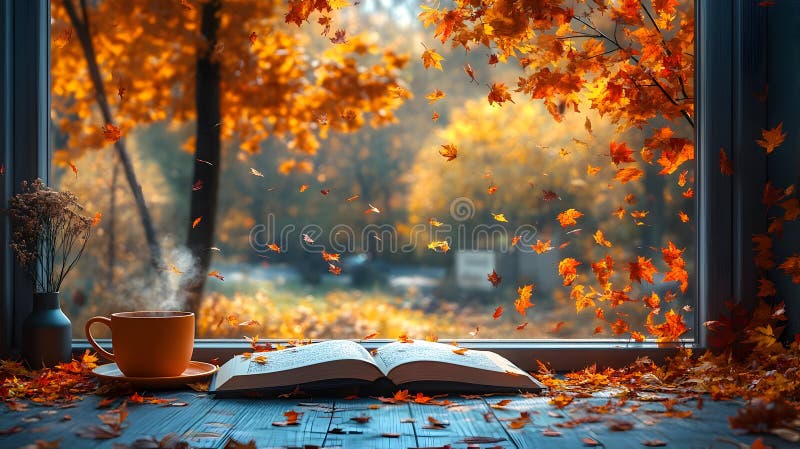 Cozy Autumn Window Scene with Book, Coffee, and Falling Leaves Stock ...