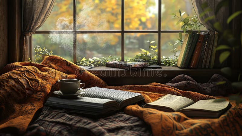 Cozy Autumn Window Seat, Books, Tea, Fall Foliage Stock Image - Image ...