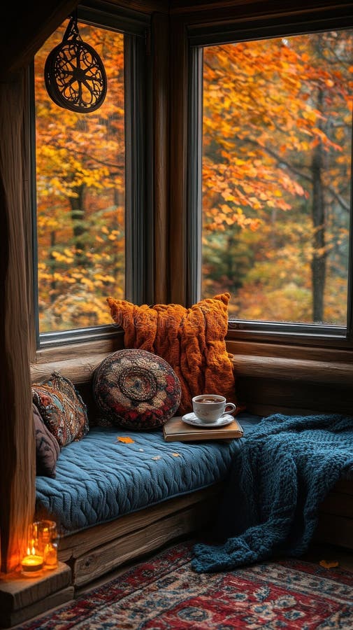 Cozy Autumn Window Seat with Fall Foliage View Stock Illustration ...