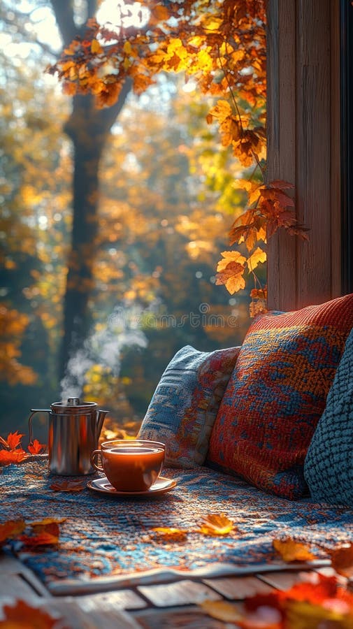 Cozy Autumn Window Seat with Tea and Fall Leaves - 3D Illustration ...