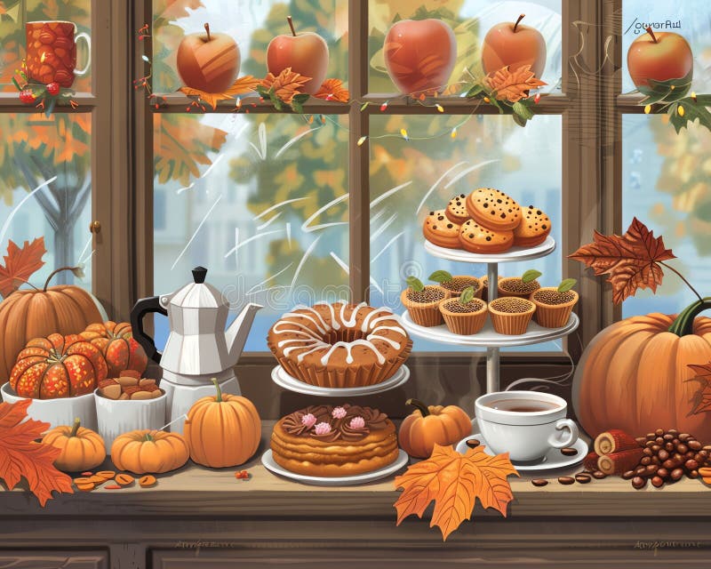 Cozy Autumn Window. Treats, Tea, and Fall Colors Stock Photo - Image of ...