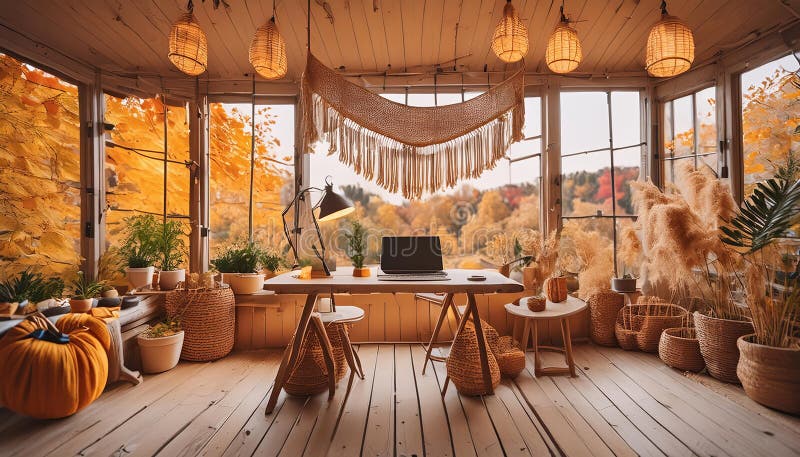 Cozy Autumn Workspace with a View Stock Illustration - Illustration of ...